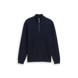 Tom Tailor Herren Troyer Strickpullover mit Fischgrät-Struktur, blau, Uni, Gr. XL