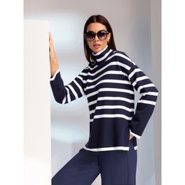 Strickpullover Heine "Pullover", Damen, Gr. 36, bunt (marine, ecru, geringelt), 50% Viskose, 25% Polyester, 25% Polyamid, gemustert, gestreift, Pullover Strickpullover
