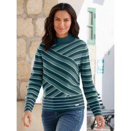 Stehkragenpullover Casual Looks "Stehkragen-Pullover", Damen, Gr. 44, gr&uuml;n (jade, ecru, geringelt), 80% Polyacryl, 20% Baumwolle, gemustert, gestreift, Pullover Stehkragenpullover