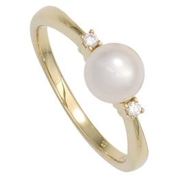 Perlenring Jobo Gr. 50, gelb (gelbgold 585), Fingerringe, Damen, 50, SI = kleine Einschlüsse, Diamanten Gelbgold 585 Perlen, Diamanten, Gelbgold 585, Perlen, 585 Gold mit Süßwasser-Zuchtperle und 2 Diamanten