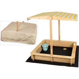 needs&wants&reg; Sandkasten mit Dach Sitzbank und Boden Vlies-Folie, mit Abdeckung Oxford 600D, Sandkiste Holz rechteckig mit B&auml;nken Outdoor Garten Kinder UV-Sonnenschutz, 113x113x113 cm, gelb wei&szlig; braun