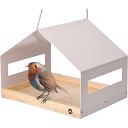 WONDERMAKE&reg; Gro&szlig;es Design Vogelhaus aus Metall und Holz wetterfest zum Aufh&auml;ngen, modernes Vogelfutterhaus XL Metalldach h&auml;ngend, Vogelh&auml;uschen Futterhaus f&uuml;r V&ouml;gel, Edelstahl Kiefer, grau-beige
