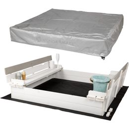 WONDERMAKE&reg; Design Sandkasten mit Abdeckung Deckel Sitzbank und Boden, Sandkiste Holz quadratisch verschlie&szlig;bar mit Bank Outdoor Garten f&uuml;r Kinder, 120x120 cm, Tanne, wei&szlig; grau silber