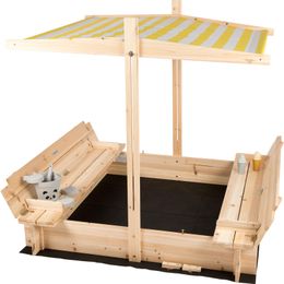 needs&wants&reg; Sandkasten mit Abdeckung Dach Deckel Sitzbank und Boden, Sandkiste Holz quadratisch verschlie&szlig;bar UV-Sonnenschutz mit Bank Outdoor Garten f&uuml;r Kinder, 120x120 cm, Tanne gelb wei&szlig; braun