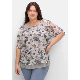 sheego Große Größen Kurzarm-Bluse im Lagen-Look, geblümt, hellgrau-jeansblau-bedruckt, Größe 44 - Damen