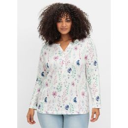 sheego Gro&szlig;e Gr&ouml;&szlig;en Langarmshirt mit kleiner Knopfleiste, ecru-mauve-bedruckt, Gr&ouml;&szlig;e 54 - Damen