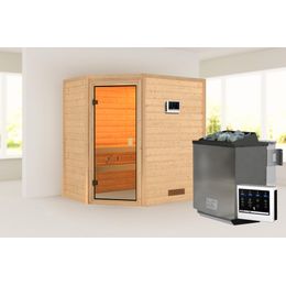 Sauna Karibu ""Juli" mit bronzierter Tür SET, naturbelassen mit Ofen 9 kW", naturbelassen, Bio-Kombiofen, externe Steuerung, 400 kW, Saunen, aus hochwertiger nordischer Fichte