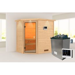 Sauna Karibu ""Juli" mit bronzierter Tür und Kranz SET, naturbelassen mit Ofen 9 kW", naturbelassen, Saunaofen, externe Steuerung, 400 kW, Saunen, aus hochwertiger nordischer Fichte