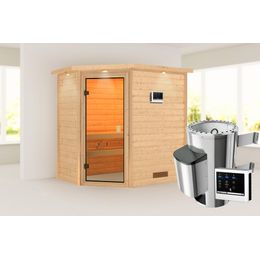 Sauna Karibu ""Juli" mit bronzierter Tür und Kranz, naturbelassen", naturbelassen, Saunaofen, externe Steuerung, 230 kW, Saunen, aus hochwertiger nordischer Fichte