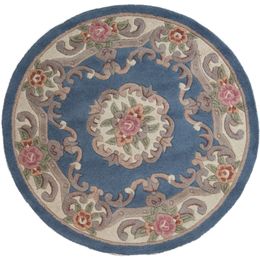 Wollteppich FLAIR RUGS "Aubusson", blau, H:10mm Ø:120cm, Wolle, Teppiche, Wolle, Teppich, Wohnzimmer, Schlafzimmer, Esszimmer