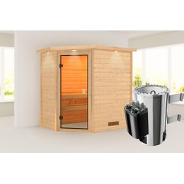 Sauna Karibu ""Juli" mit bronzierter Tür und Kranz, naturbelassen", beige (naturbelassen), Saunaofen, integrierte Steuerung, 230 kW, Saunen, aus hochwertiger nordischer Fichte