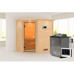 Sauna Karibu ""Juli" mit bronzierter Tür und Kranz SET, naturbelassen mit Ofen 9 kW", naturbelassen, Bio-Kombiofen, externe Steuerung, 400 kW, Saunen, aus hochwertiger nordischer Fichte