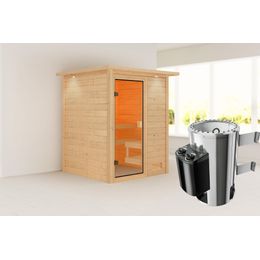 Sauna Karibu ""Sandy" mit bronzierter Tür und Kranz, naturbelassen", beige (naturbelassen), Saunaofen, integrierte Steuerung, 230 kW, Saunen, aus hochwertiger nordischer Fichte