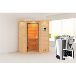 Sauna Karibu ""Anni" mit bronzierter Tür und Kranz, naturbelassen", naturbelassen, Bio-Kombiofen, externe Steuerung, 230 kW, Saunen, aus hochwertiger nordischer Fichte