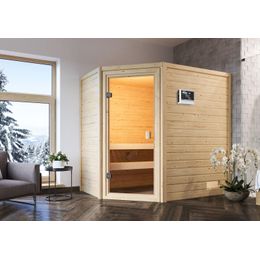 Sauna Karibu ""Juli" mit bronzierter Tür SET, naturbelassen mit Ofen 9 kW", beige (naturbelassen), Saunaofen, externe Steuerung, 400 kW, Saunen, aus hochwertiger nordischer Fichte