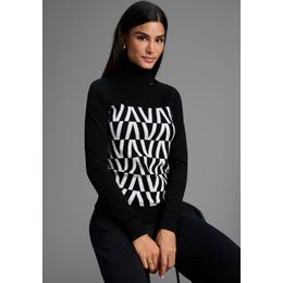 Stehkragenpullover Bruno Banani, Damen, Gr. 36/38, schwarz, weiß, Strick, Obermaterial: 50% Viskose, 26% Polyamid, 24% Polyester, Jacquardmuster, gemustert, mehrfarbig, figurbetont hüftbedeckend, Rippbündchen, Pullover, in grafischem Strickmuster - NEUE KOLLEKTION