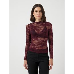 Langarmshirt Y.A.S "YASLACEY LS LACE TOP S. NOOS", Damen, Gr. M, rot (port royale), Jersey, Obermaterial: 95% Nylon, 5% Elasthan, unifarben, slim fit normal, hoch geschlossener Ausschnitt, Shirts