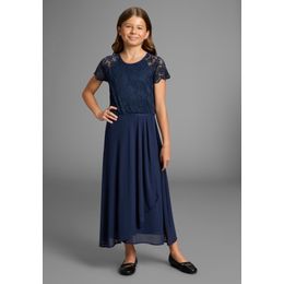 Jerseykleid Kidsworld "Festliches Kleid mit Spitze", Mädchen, Gr. 140/146, N-Gr, marine, Jersey, Obermaterial: 90% Polyamid, 10% Elasthan. Futter: 100% Polyester. Unteres Obermaterial: 100% Polyester, Biese, gepflegt, festlich, ausgestellt knöchellang, Rundhals, Raglanärmel, Kleider, Elegantes Kleid mit Spitze und Chiffon