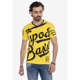 Cipo & Baxx T-Shirt CIPO & BAXX "T-Shirt", Damen, Gr. L, gelb, 95% Baumwolle, 5% Elasthan, bedruckt, regular fit, V-Ausschnitt, Shirts T-Shirt, mit gro&szlig;em Print auf der Front ein Highlight