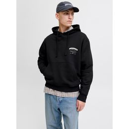 Jack & Jones Kapuzensweatshirt JACK & JONES "JORMEADOWS SWEAT HOOD", Herren, Gr. L, schwarz, angeraute Sweatware, Obermaterial: 100% Baumwolle, bedruckt, relaxed fit normal, Rippbündchen, Sweatshirts