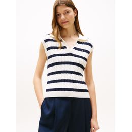 Pullunder Tommy Hilfiger "CO CABLE MID GG OPEN POLO VEST", Damen, Gr. XXL (44), beige (ivory silk, schwarz night navy stp), Strick, Obermaterial: 100% Baumwolle, gestreift, regular fit normal, V-Ausschnitt, Pullover, mit Zopfmuster