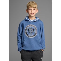 Kapuzensweatshirt Bruno Banani "Hoodie mit Drucken", Jungen, Gr. 128/134, blau meliert, angeraute Sweatware, Obermaterial: 60% Baumwolle, 40% Polyester. Kapuzenfutter: 100% Baumwolle, bedruckt, Basic hüftlang, Rippbündchen, Sweatshirts, NEU: Bruno Banani für TEENS Hoodie mit Logo-Drucken
