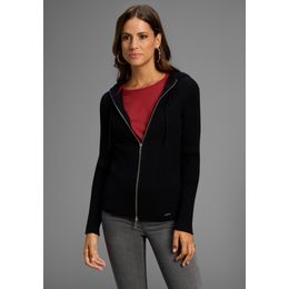 Kapuzenstrickjacke Laura Scott, Damen, Gr. 40/42, schwarz, Rippstrick, Obermaterial: 70% Baumwolle, 30% Polyamid, unifarben, figurbetont hüftlang, Strickjacken, mit 2-Wege-Reißverschluss aus Rippe - NEUE KOLLEKTION