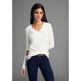 Schalkragenpullover Bruno Banani, Damen, Gr. 32/34, weiß, melange, Strick, Obermaterial: 50% Viskose, 28% Polyester, 22% Polyamid, meliert, unifarben, figurbetont hüftbedeckend, tiefer V-Ausschnitt, Rippbündchen, Pullover, Wickel-Optik mit Zierknöpfen - NEUE KOLLEKTION