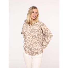 Hoodie Zwillingsherz ""Leo"", Damen, Gr. L/XL, beige (hellbeige), Sweatware, Obermaterial: 82% Polyester, 15% Viskose, 3% Elasthan, gemustert, comfort fit hüftlang, hoch geschlossener Ausschnitt, Sweatshirts, Langarm, Animal-Muster, Kapuze, Kordelzug, modisch