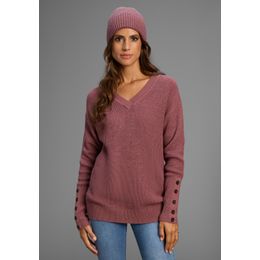 V-Ausschnitt-Pullover Laura Scott, Damen, Gr. 32/34, altrosa, Strick, Obermaterial: 60% Polyacryl, 40% Baumwolle, unifarben, figurumspielend hüftbedeckend, V-Ausschnitt, Rippbündchen, Pullover, aus Grobstrick mit Knopfleiste - NEUE KOLLEKTION
