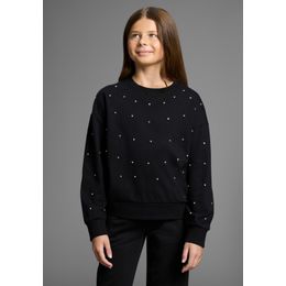 Sweatshirt Bruno Banani "Kurzes Sweatshirt mit Strass-Steinen", Mädchen, Gr. 128/134, schwarz, angeraute Sweatware, Obermaterial: 100% Baumwolle, Glitzermuster, Basic hüftlang, Rundhals, Rippbündchen, Sweatshirts, NEU Bruno Banani für TEENS. Trendiges Shirt mit Strass-Steinen