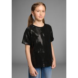 Oversize-Shirt Bruno Banani "Glitzershirt, Paillettenoptik", Mädchen, Gr. 128/134, schwarz, Jersey, Obermaterial: 80% Polyamid, 15% metallisierte Fasern, 5% Elasthan, unifarben, Basic hüftlang, Rundhals, Shirts, NEU: Bruno Banani für TEENS Shirt aus glitzernden Material