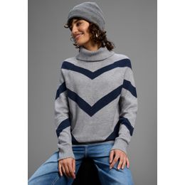 Rollkragenpullover Laura Scott, Damen, Gr. 32/34, hellgrau navy gemustert, Strick, Obermaterial: 50% Viskose, 28% Polyester, 22% Polyamid, gemustert, figurumspielend hüftbedeckend, Rippbündchen, Pullover, mit lässigem Streifenmuster - NEUE KOLLEKTION