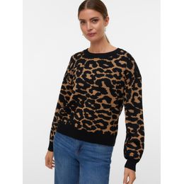 Véro Moda Strickpullover VERO MODA "VMSILJEANIMAL LS O-NCK PULLOVER GA NOOS", Damen, Gr. XS, schwarz (tigers eye pattern:with schwarz leo pattern), Strick, Obermaterial: 77% Viskose, 23% Polyester, gemustert, regular fit normal, Rundhals, Pullover