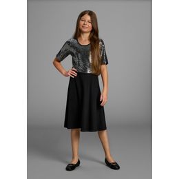 Jerseykleid Bruno Banani "Kleid in Pailletten-Optik", Mädchen, Gr. 128/134, N-Gr, silberfarben, Jersey, Obermaterial: 80% Polyamid, 15% metallisierte Fasern, 5% Elasthan, Glitzermuster, festlich, ausgestellt knielang, Rundhals, Kleider, NEUHEIT: Bruno Banani für TEENS Shirtkleid in Pailletten-Optik
