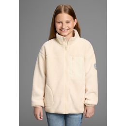 Sweatjacke Kangaroos "Kuschel-Jacke mit reflektierendem Badge", Mädchen, Gr. 128/134, sanftes weiß, Plüsch, Obermaterial: 100% Polyester, unifarben, lässig geschnitten hüftbedeckend, eingefasste Kante, Sweatjacken, Weicher Teddyplüsch