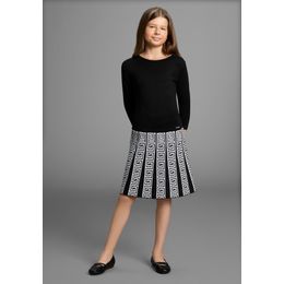Strickkleid Bruno Banani "Strickkleid mit Faltenrock und Jacquardmuster", Mädchen, Gr. 128/134, N-Gr, schwarz, Feinstrick, Obermaterial: 70% Viskose, 30% Polyamid, gemustert, mehrfarbig, figurumspielend kurz, Rundhals, Kleider, NEUHEIT: Bruno Banani für TEENS Trendiges Strickkleid