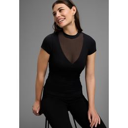 T-Shirt Bruno Banani, Damen, Gr. 32/34, schwarz, Jersey, Obermaterial: 95% Viskose, 5% Elasthan. Einsatz: 95% Polyester, 5% Elasthan, Mesh, leicht transparent, unifarben, figurbetont hüftbedeckend, hoch geschlossener Ausschnitt, Shirts, mit Mesh-Einsatz im V-Ausschnitt - NEUE KOLLEKTION
