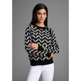 Rundhalspullover Laura Scott, Damen, Gr. 48/50, schwarz sanftes weiß gemustert, Feinstrick, Obermaterial: 50% Viskose, 28% Polyester, 22% Polyamid, Jacquardmuster, Casual, figurumspielend hüftlang, Rundhals, Raglanärmel Rippbündchen, Pullover, mit Jaquardmuster und Knöpfen - NEUE KOLLEKTION