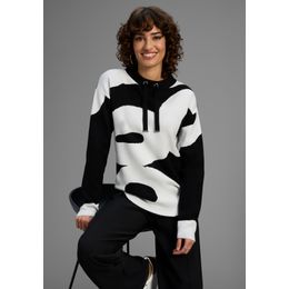 Jacquardpullover Laura Scott, Damen, Gr. 32/34, schwarz, sanftes weiß, gemustert, Feinstrick, Obermaterial: 50% Viskose, 28% Polyester, 22% Polyamid, gemustert, figurumspielend hüftbedeckend, Rundhals, Pullover, mit abstraktem Muster und Bindebändern - NEUE KOLLEKTION