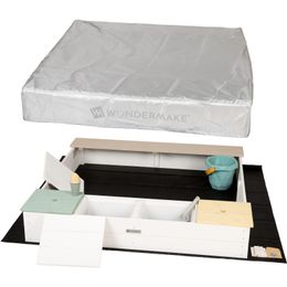 WONDERMAKE® Design Sandkasten mit Matschküche, Abdeckung OXFORD 420D, Vliesfolie, Sandkiste Holz quadratisch verschließbar Outdoor Garten für Kinder, weiß bunt