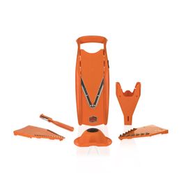 Börner Börner V5 PowerLine Plus Set Gemüsehobel, Obst- & Gemüseschneider mit Fruchthalter, Scheibeneinschub, Sparschäler, 10 Schnittarten, 6 tlg. Set, Orange
