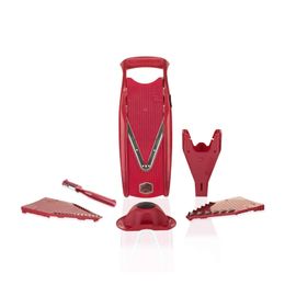 Börner Börner V5 PowerLine Plus Set Gemüsehobel, Obst- & Gemüseschneider mit Fruchthalter, Scheibeneinschub, Sparschäler, 10 Schnittarten, 6 tlg. Set, Rot