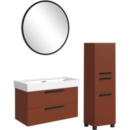 Badmöbel-Set Welltime "SALVADA, 3tlg-Set, gedämpfte Scharniere, Softclose, Keramikbecken", rot, B:140cm H:200cm T:47,5cm, MDF, Kastenmöbel-Sets, Rot, Keramikbecken 1 od. 2 Armaturlochbohrungen