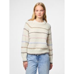 Strickpullover Pieces "PCNELIA LS O-NECK KNIT NOOS BC", Damen, Gr. M, birch stripes:grei, more, dapi, blaven, Strick, Obermaterial: 100% Polyester, gestreift, regular fit hüftlang, Rundhals, Rippbündchen, Pullover