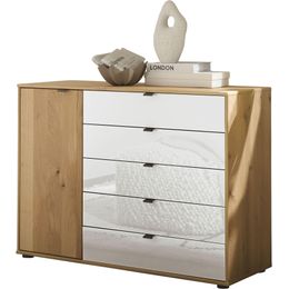 Kombikommode Wiemann "Cardiff Sideboard, Wäscheschrank, teilmassiv Bianco-Eiche, Schubladen", braun, Bianco-Eiche,Front Glas weiß, Eiche, Sideboards, verschiedenen Ausführungen, inklusive Einlegeboden