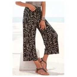 Culotte Lascana, Damen, Gr. 34, N-Gr, schwarz (schwarz, sand bedruckt), Jersey, Obermaterial: 95% Viskose, 5% Elasthan, bedruckt, modisch, figurumspielend 7/8-Länge, Hosen, mit Blätterdruck, luftige Sommerhose in 7/8-Länge, Strandhose