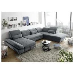 Wohnlandschaft ED EXCITING DESIGN "Melfi U-Form mit Bettfunktion, Bettkasten", grau, B:350cm H:73cm T:245cm, 95% Polyester, 5% Nylon, Sofas, Arm- & Kopfteilverstellung & 3 Nierenkissen