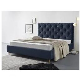 Polsterbett LEONIQUE "Louanne", blau (dunkelblau), B:198cm H:131cm L:221cm, Betten, mit schöner Knopfheftung im Rückenteil, inkl. Bettkasten