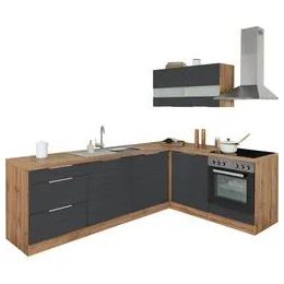 Winkelküche KOCHSTATION "KS-Luhe", grau (küche: grau, front: weiß matt, korpus: wotaneichefarben, arbeitsplatte: wotaneichefarben), B:240cm T:60cm, Komplettküchen-Sets, Küchenzeile, Stellbreite 240x180 cm, wahlweise mit oder ohne E-Geräten, MDF-Fronten